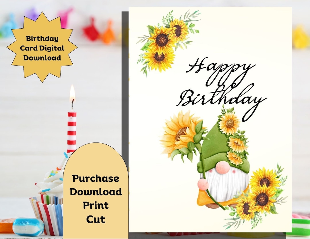 Gnome Birthday Card, Sunflower Birthday Card, Printable Card, Card and ...