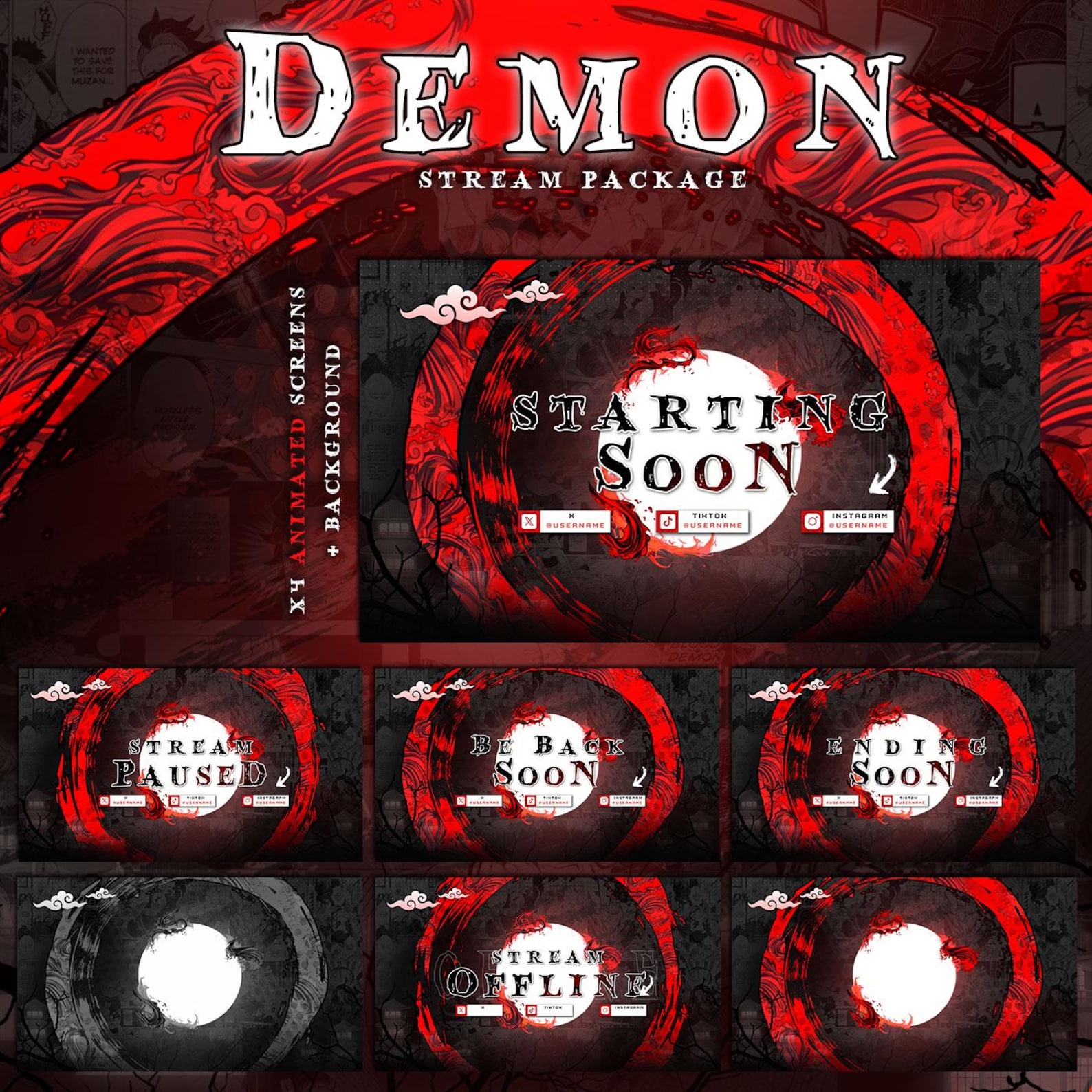 Demon Stream Package Full Twitch Stream Overlays Animated Stream For