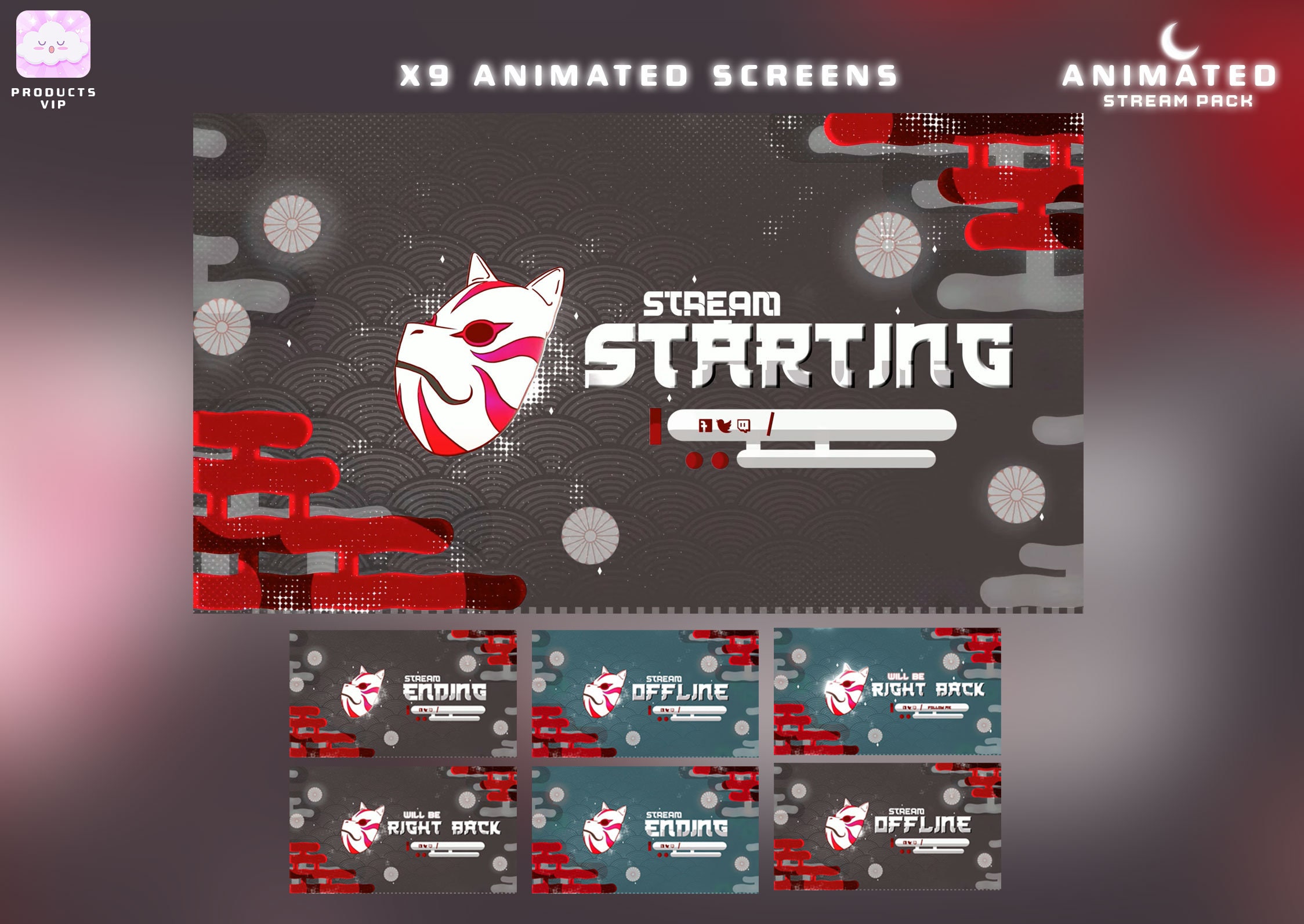 Animated Kitsune Mask Stream Package for Twitch Streamers Japanese ...