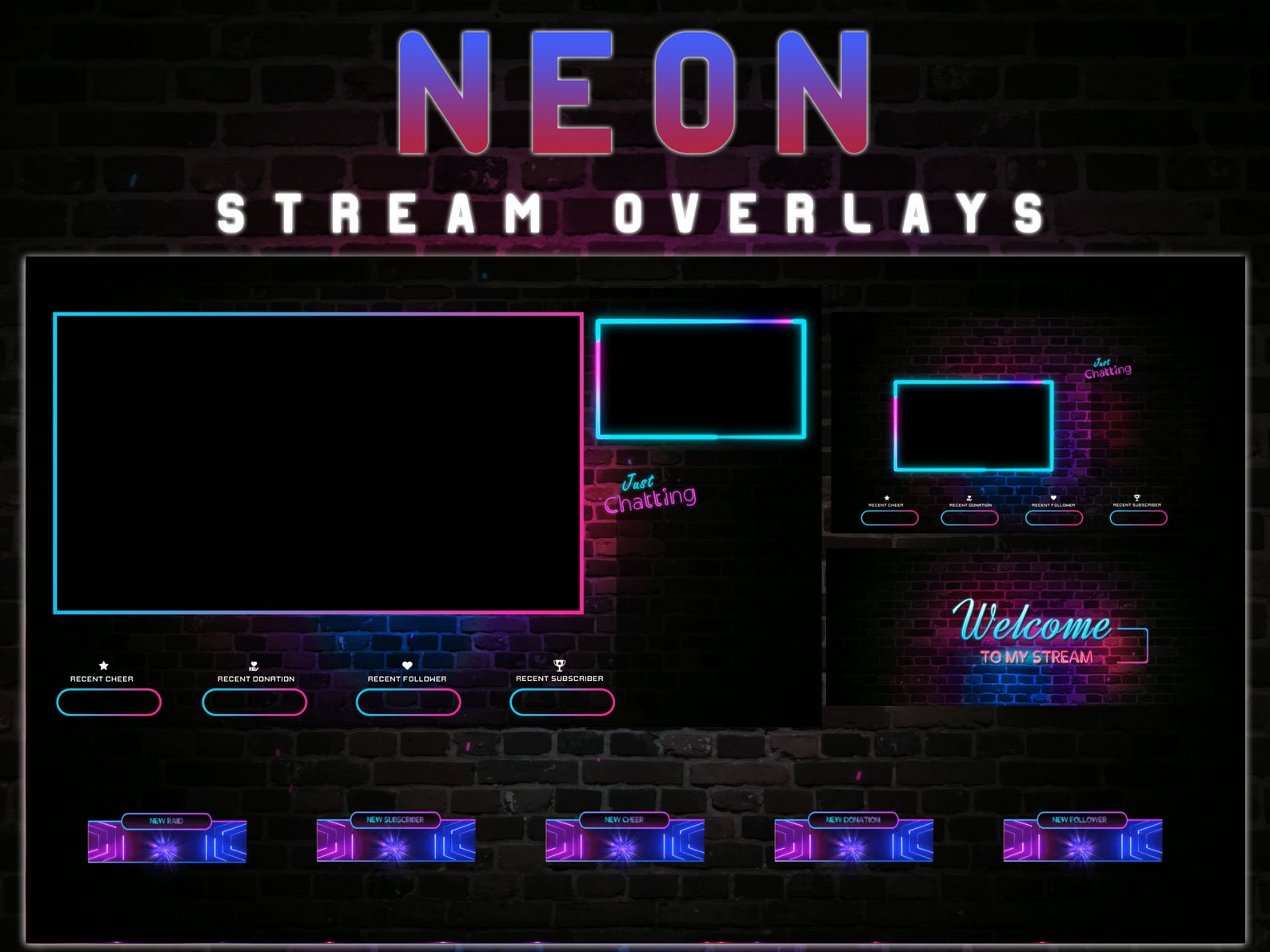 Animated Stream Retro Neon Twitch Overlay Animated Alerts Screens Neon ...
