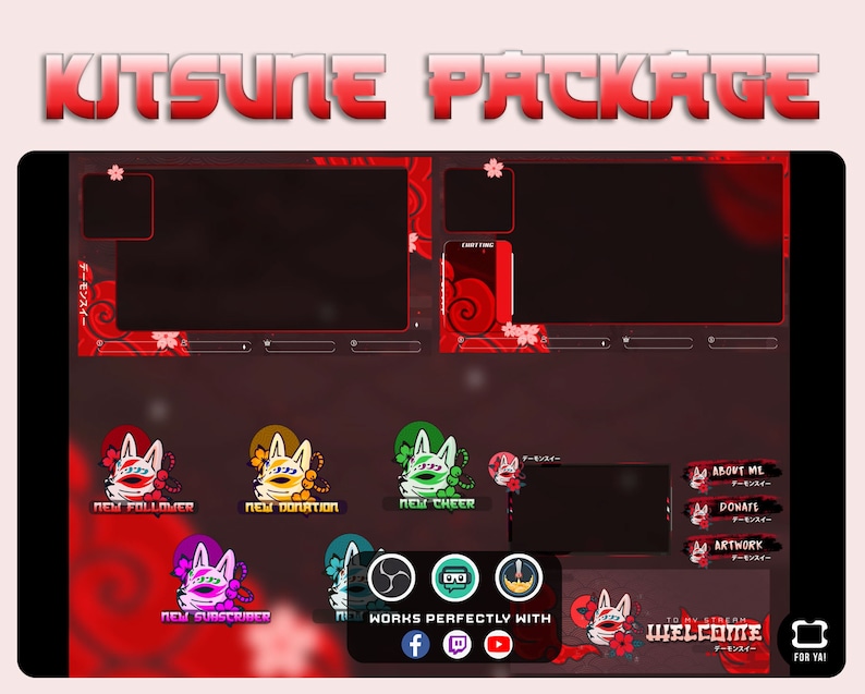 Animated Red Kitsune Stream Package for Twitch Streamers Japanese ...