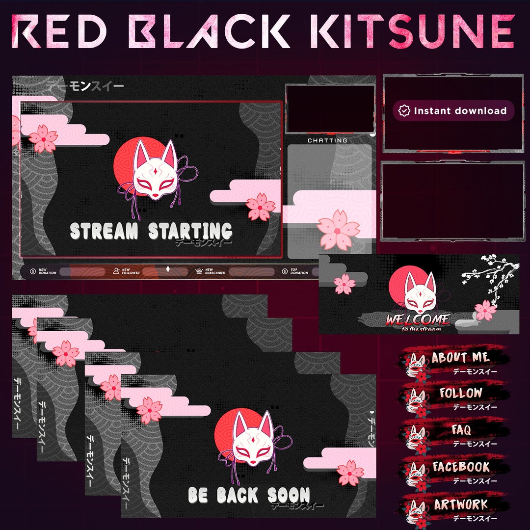 Animated Black Kitsune Stream Package for Twitch Streamers Japanese ...