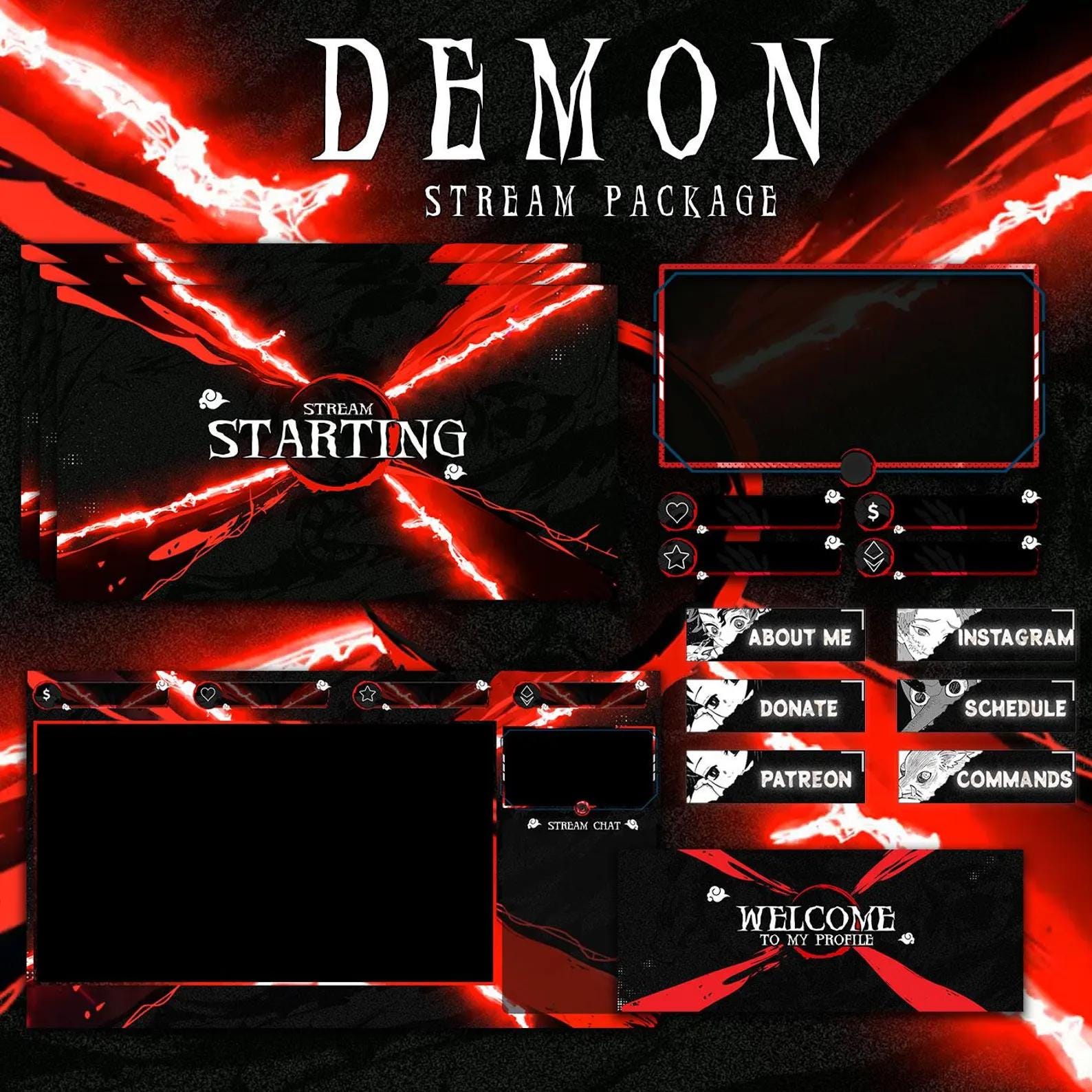 Black Demon Stream Package Full Twitch Stream Overlays Animated Red ...