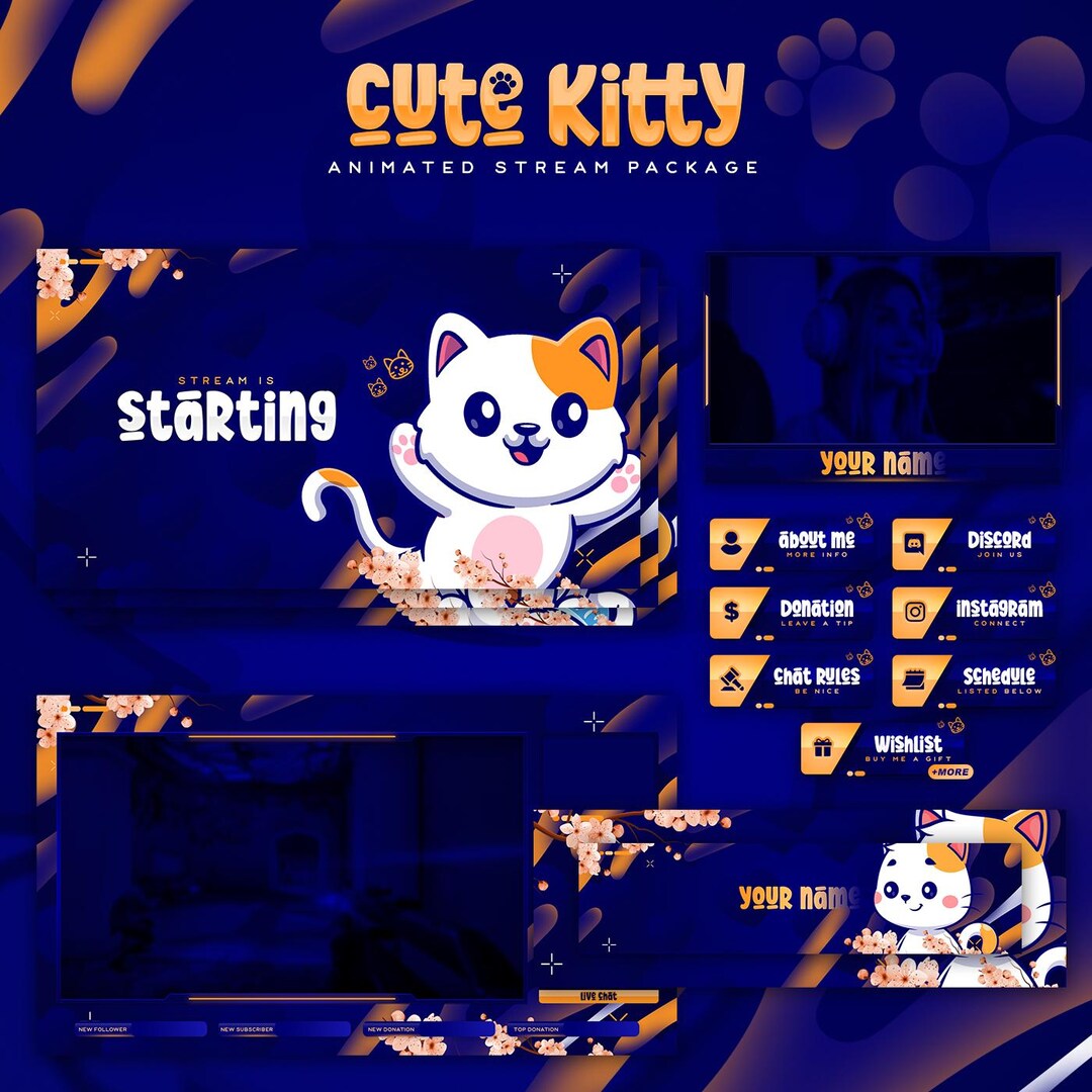 Cute Kitty Stream Package Full Twitch Stream Overlays Animated Stream ...