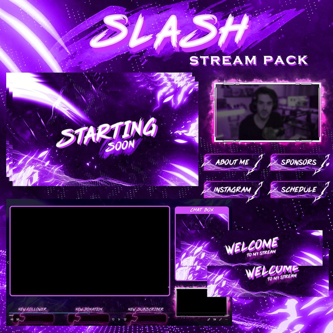 Slash Purple Stream Package Full Twitch Stream Overlays Animated Stream ...