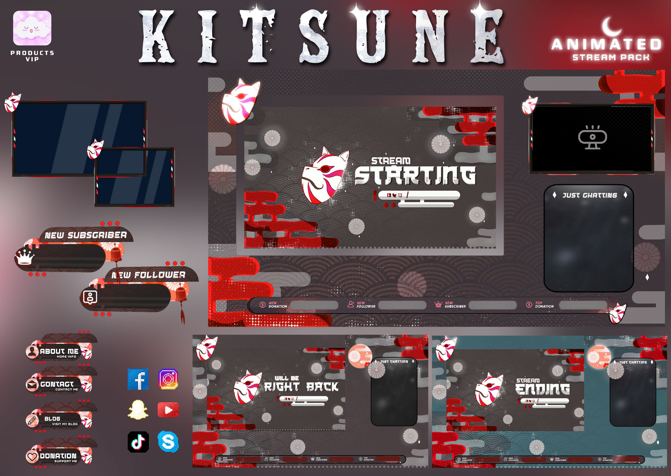 Animated Kitsune Mask Stream Package for Twitch Streamers Japanese ...