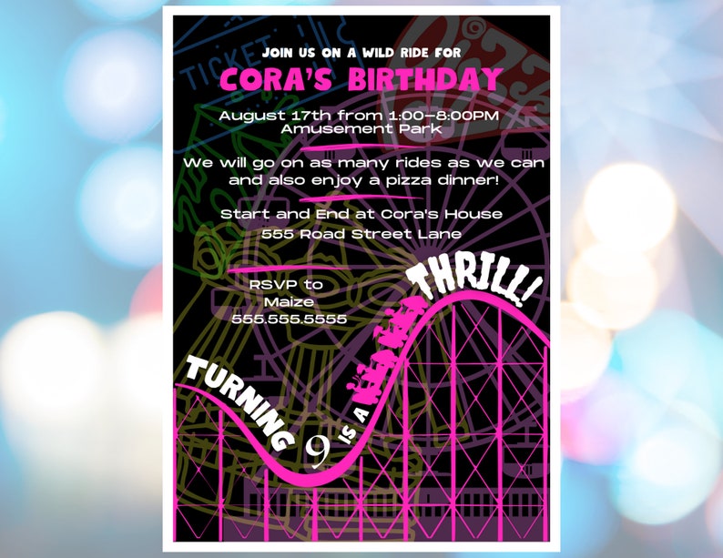 EDITABLE Theme Park Birthday Invitation, Roller Coaster, Printable ...