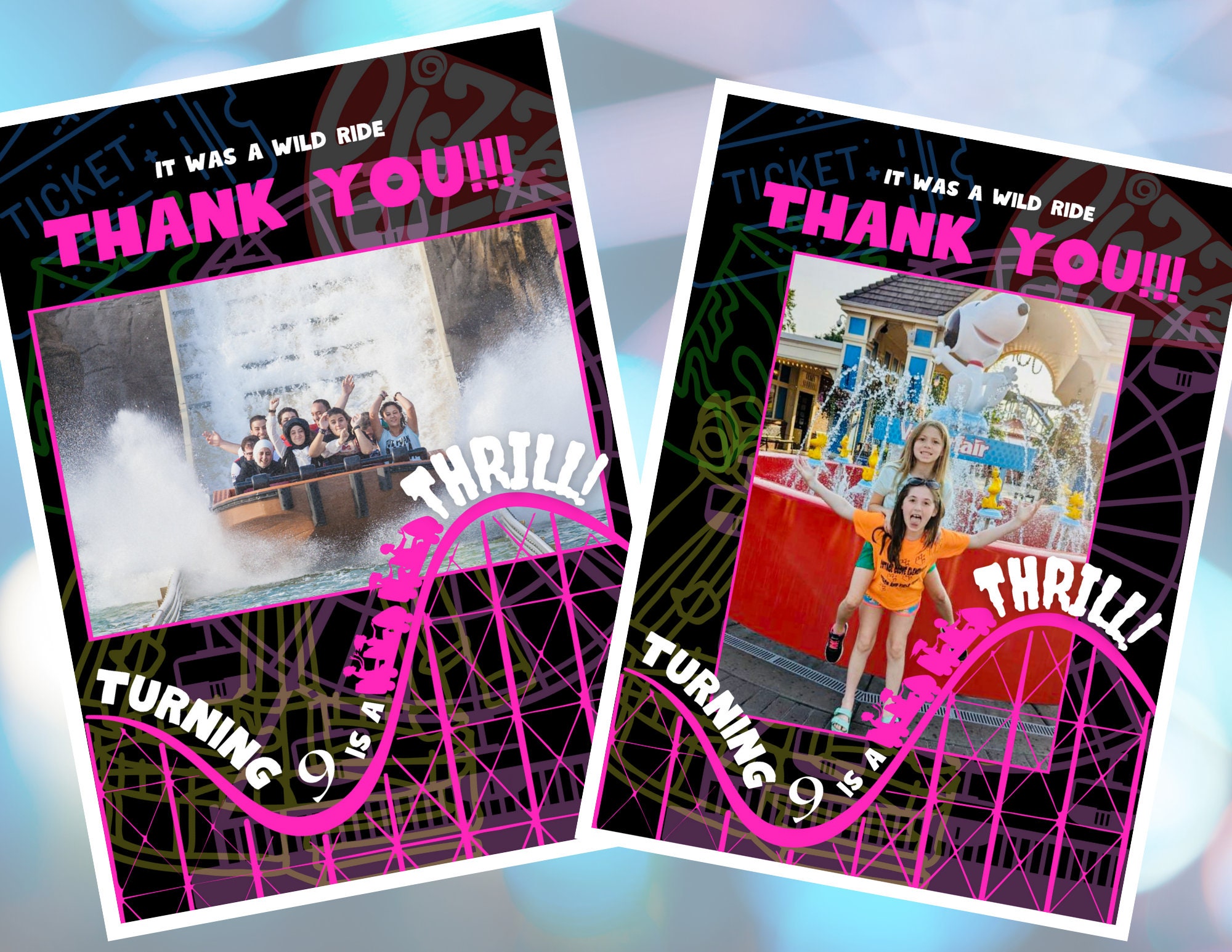 EDITABLE Theme Park Birthday Photo Thank You Card, Roller Coaster ...