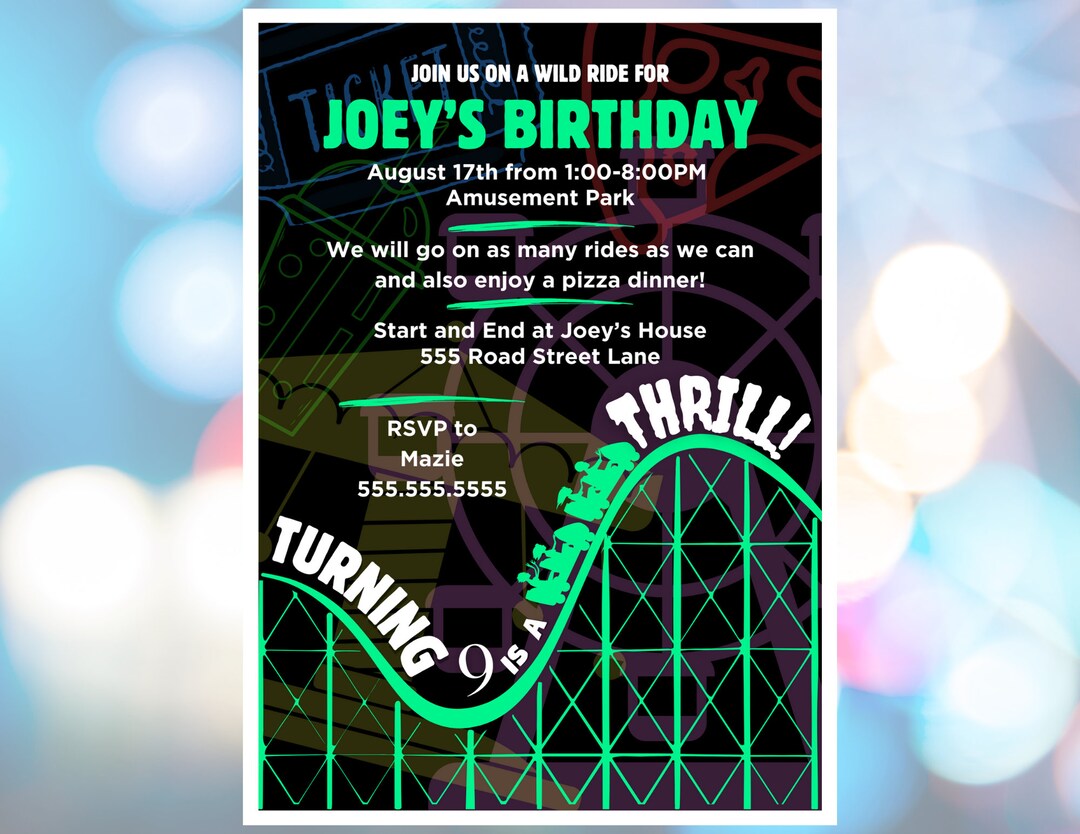 EDITABLE Theme Park Birthday Invitation, Roller Coaster, Printable ...