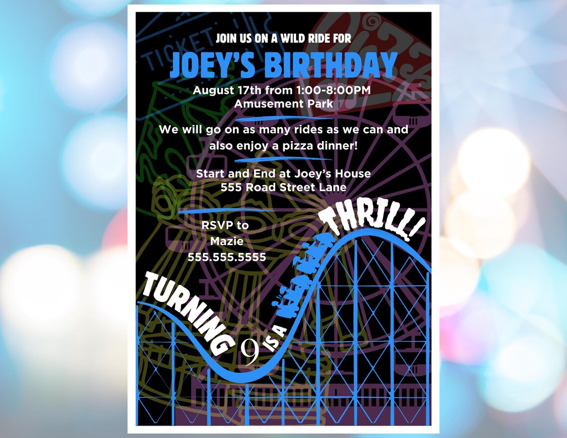 EDITABLE Theme Park Birthday Invitation, Roller Coaster, Printable ...