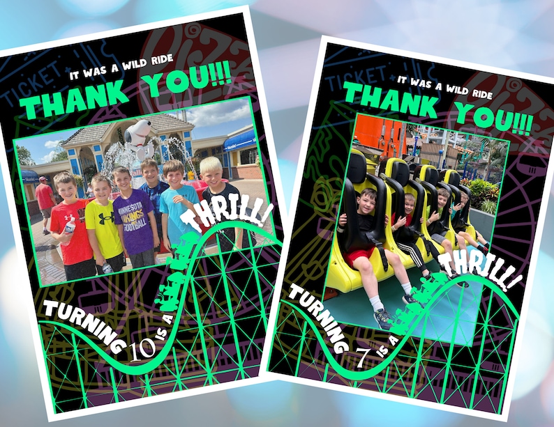 EDITABLE Theme Park Birthday Photo Thank You Card, Roller Coaster ...