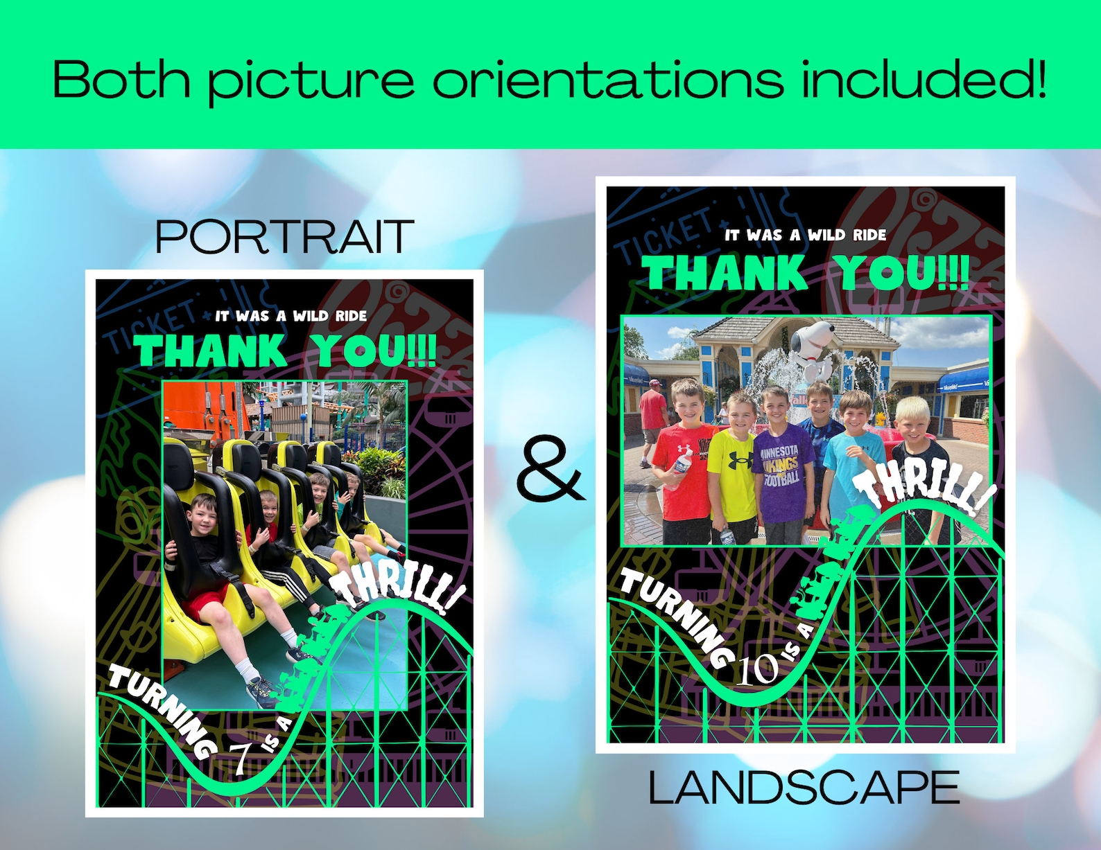 EDITABLE Theme Park Birthday Photo Thank You Card, Roller Coaster ...