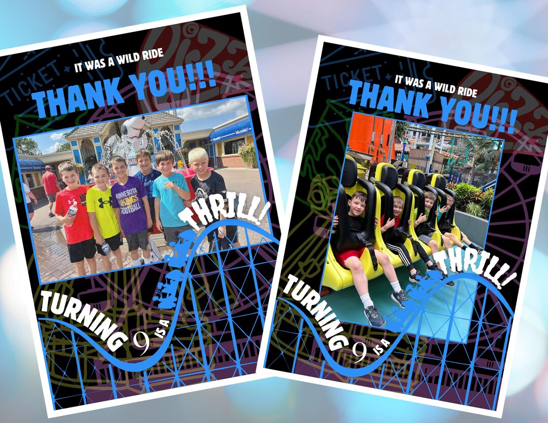 EDITABLE Theme Park Birthday Photo Thank You Card, Roller Coaster ...