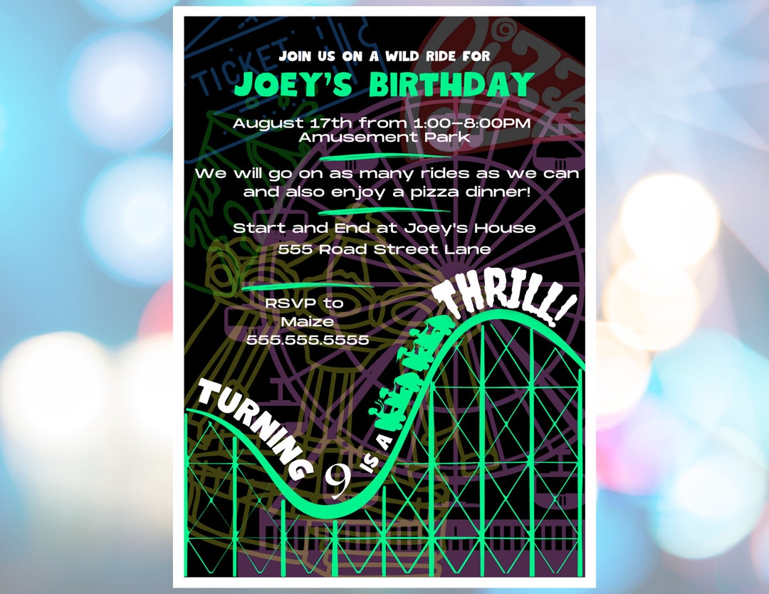 EDITABLE Theme Park Birthday Invitation Roller Coaster - Etsy