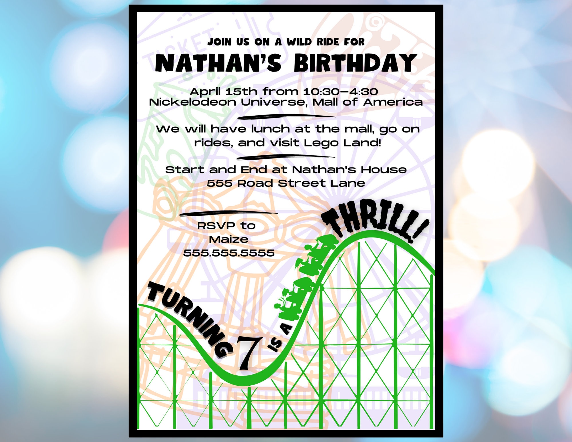 EDITABLE Theme Park Birthday Invitation, Roller Coaster, Printable ...