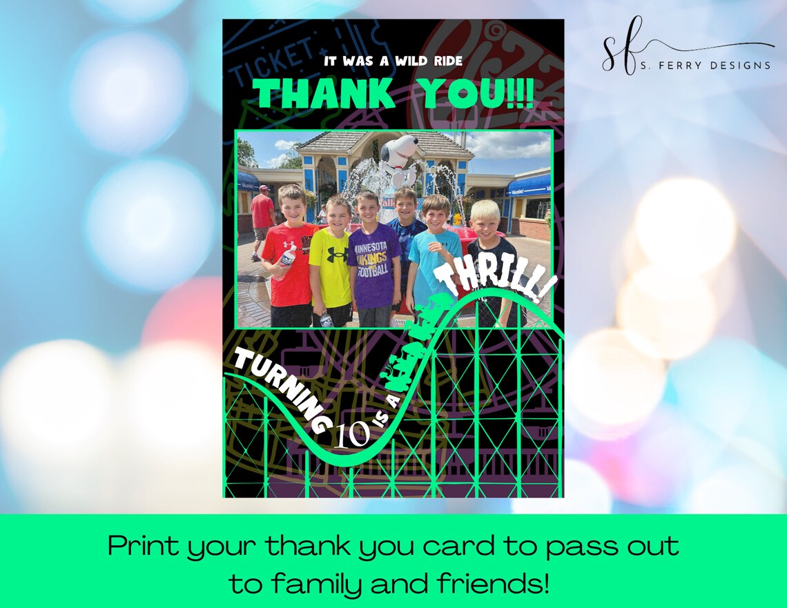 EDITABLE Theme Park Birthday Photo Thank You Card, Roller Coaster ...