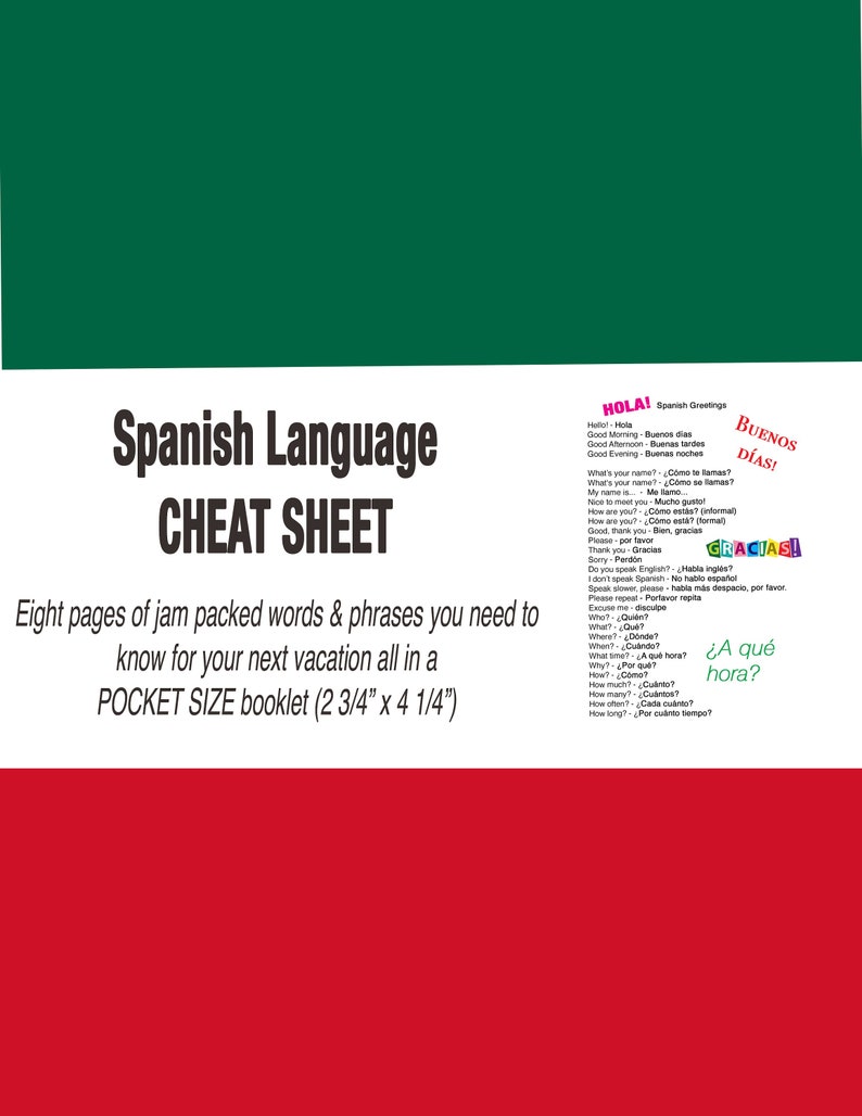Spanish Language Cheat Sheet POCKET SIZE Travel Guide Vacation, Quick ...