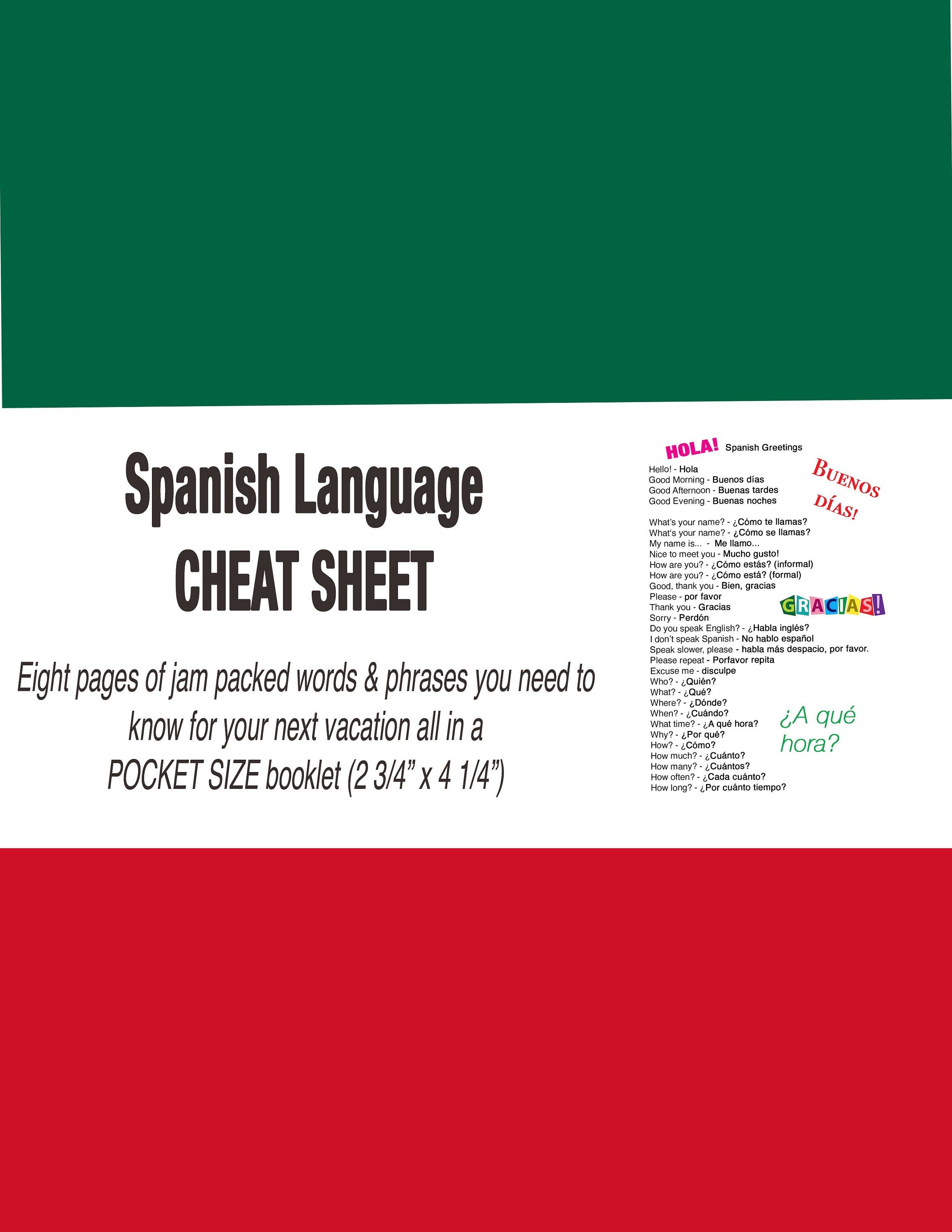 Spanish Language Cheat Sheet POCKET SIZE Travel Guide Vacation, Quick ...