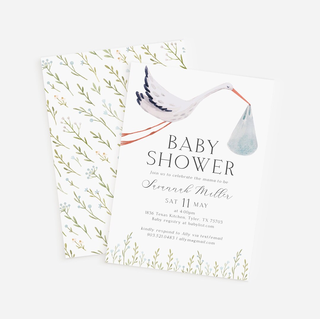 Stork Baby Shower Invitation, Instant Download, Gender Neutral ...