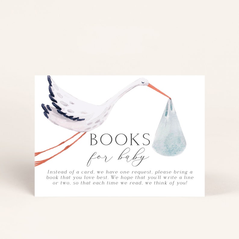 Stork Books for Baby Card, Instant Download, Gender Neutral, Editable ...