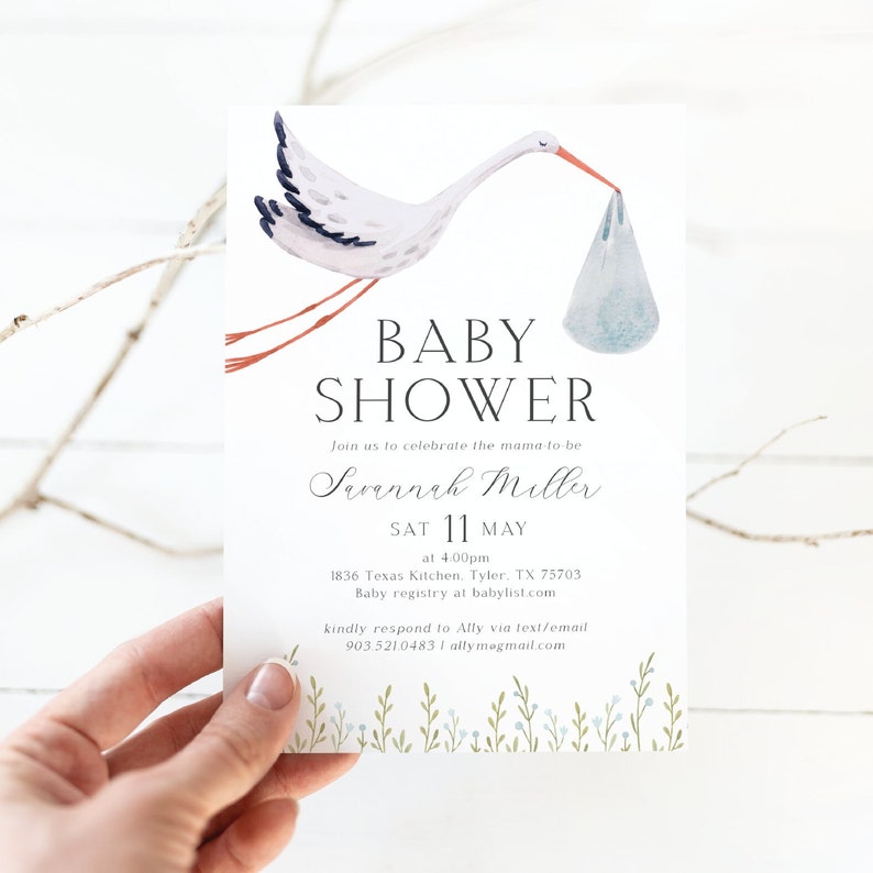 Stork Baby Shower Invitation, Instant Download, Gender Neutral ...