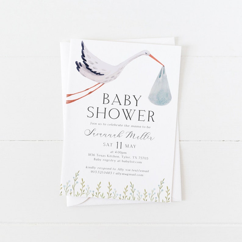Stork Baby Shower Invitation, Instant Download, Gender Neutral ...