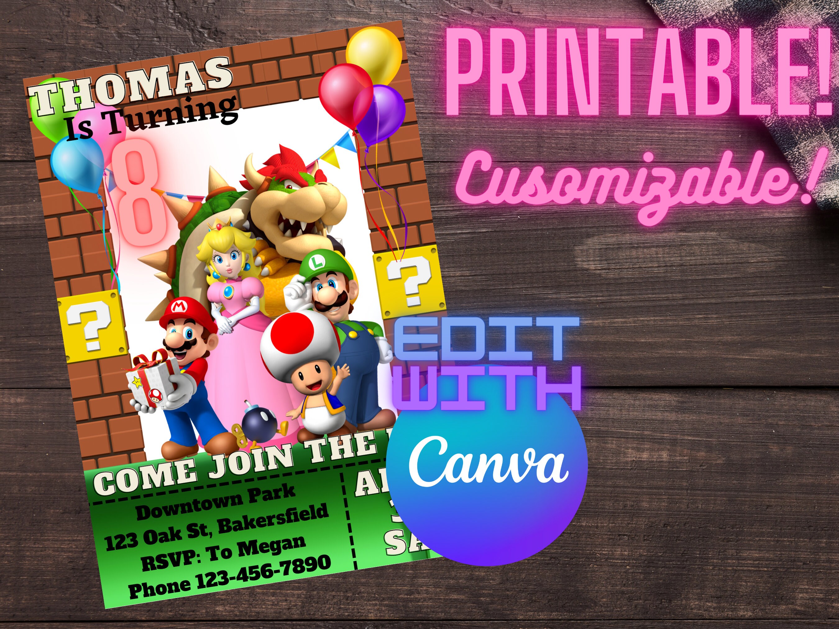 Super Mario Bros Invitations, Princess Peach, Bowser, Luigi Video Game ...