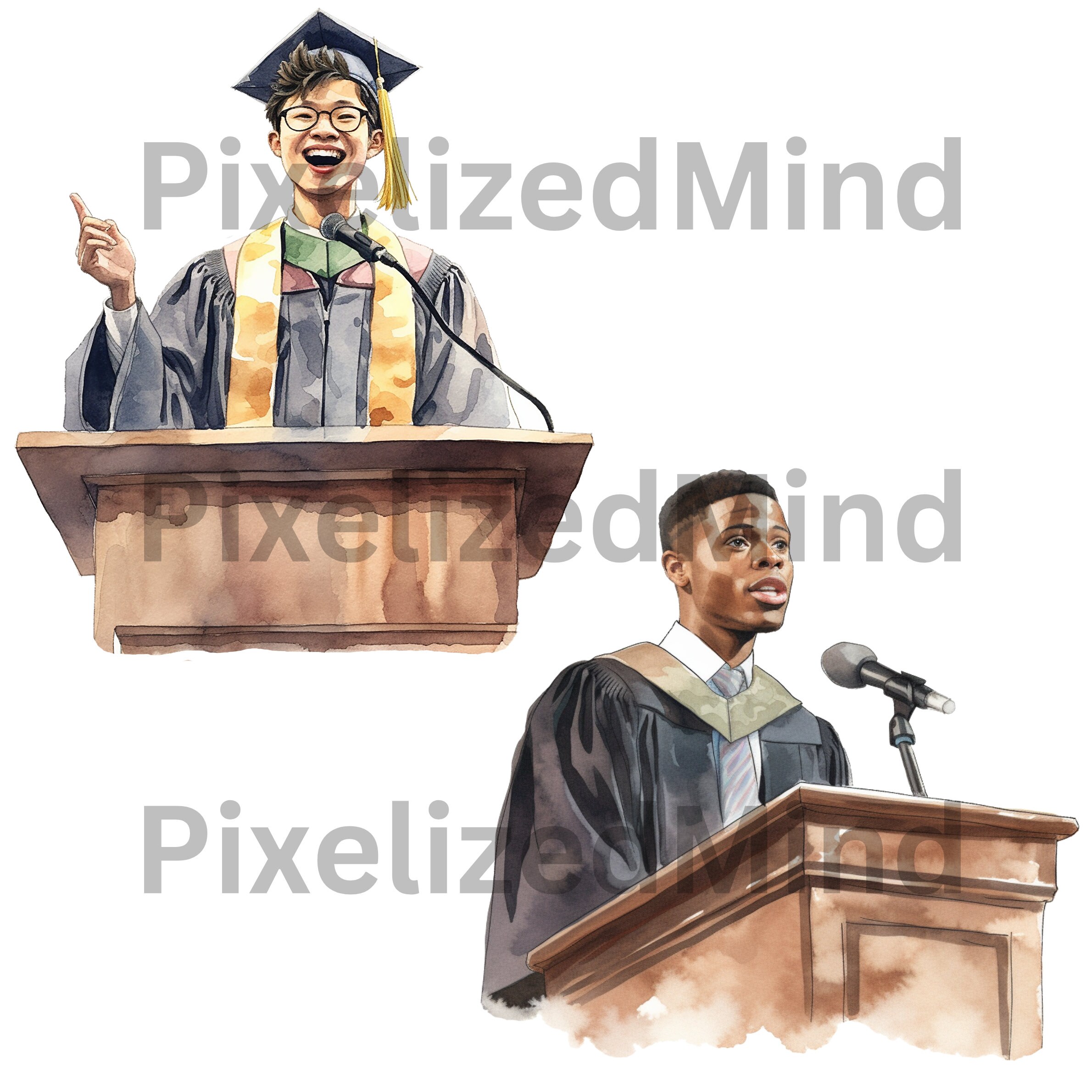 Graduation Watercolor Clipart Bundle Transparent Background Graduation ...