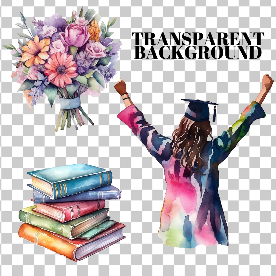 Graduation Watercolor Clipart Bundle Transparent Background Graduation ...