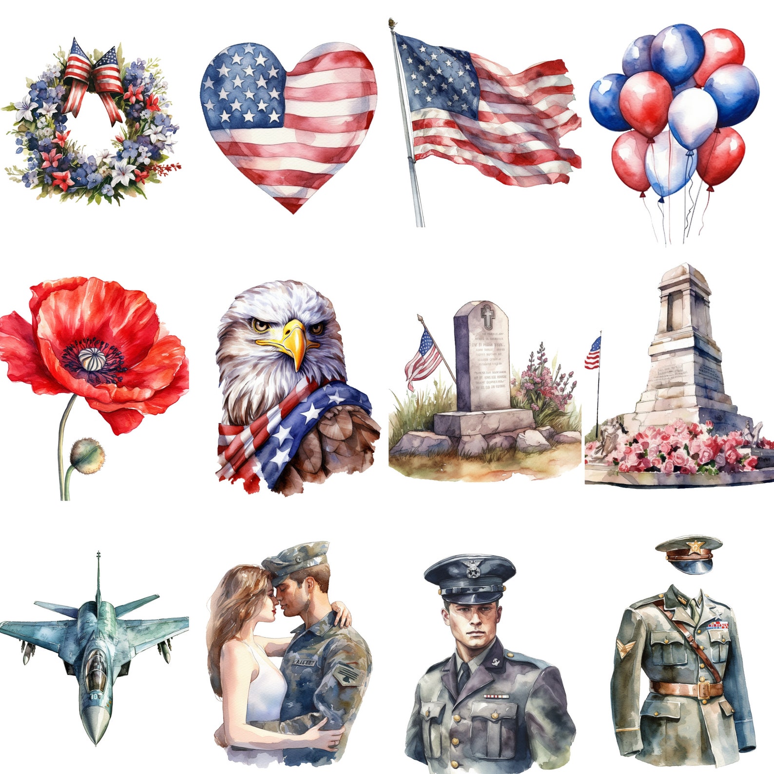 Memorial Day Watercolor Clipart Bundle Transparent Background PNG ...