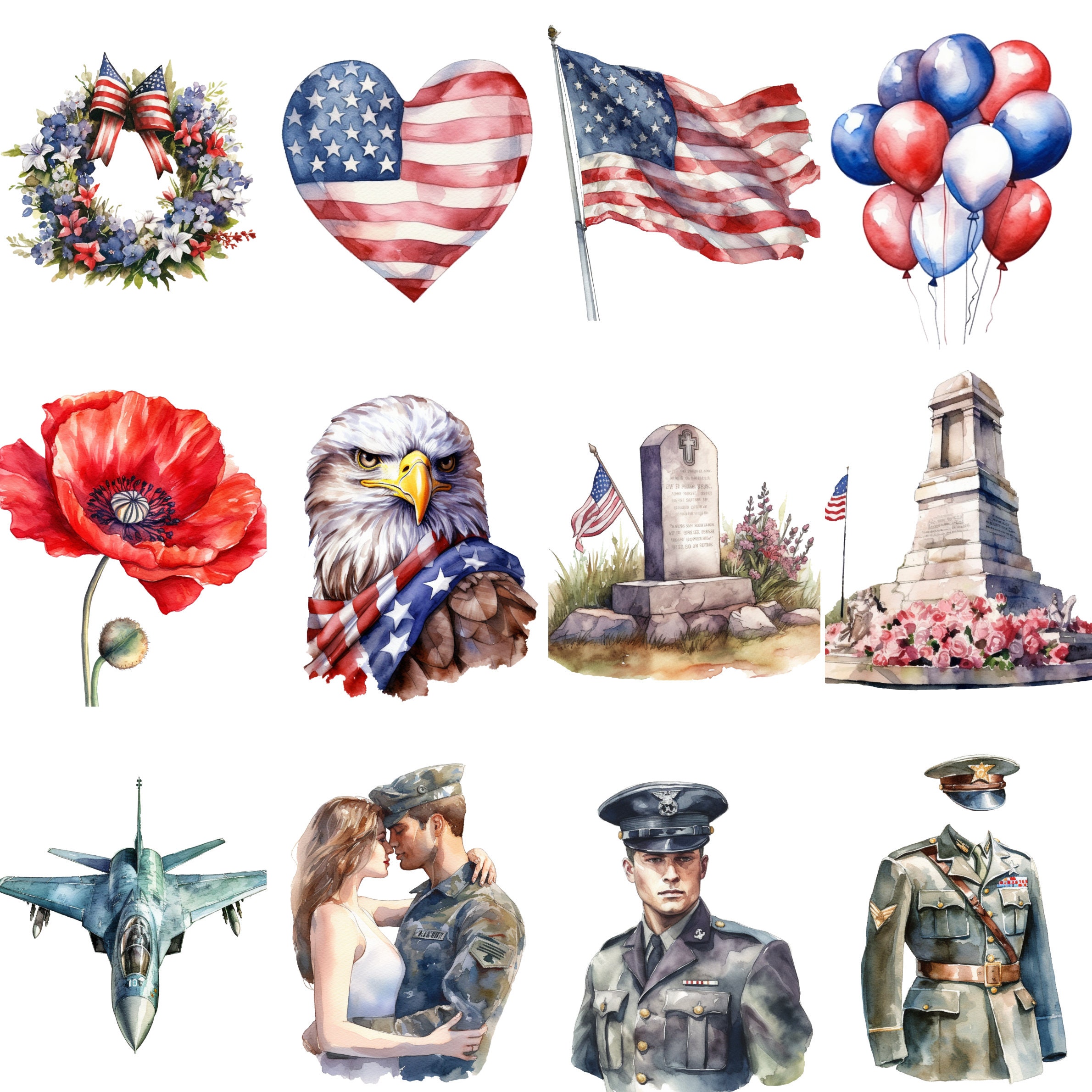 Memorial Day Watercolor Clipart Bundle Transparent Background PNG ...