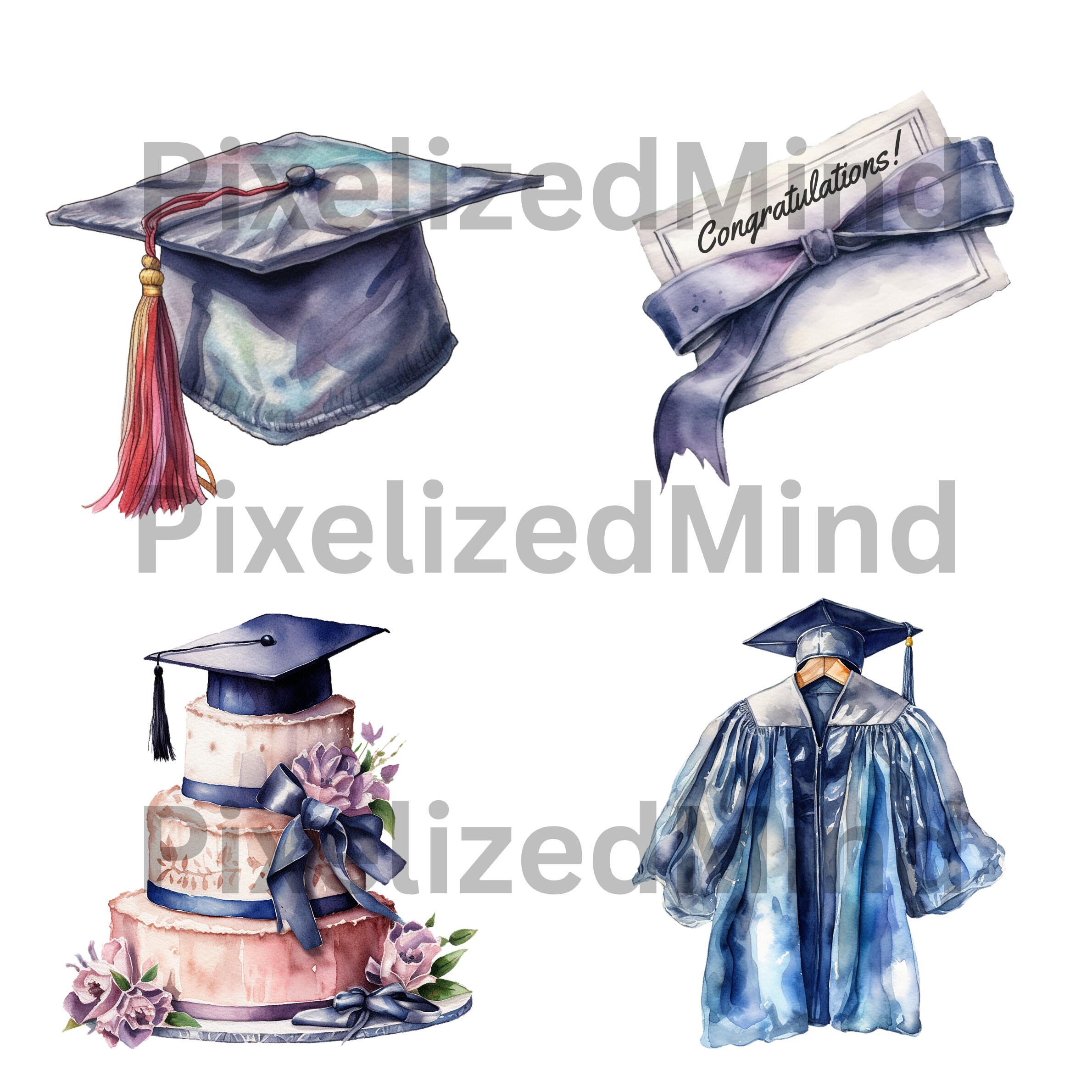 Graduation Watercolor Clipart Bundle Transparent Background Graduation ...