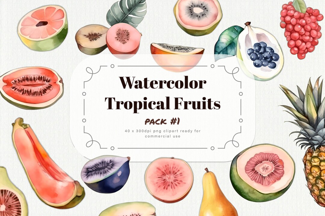 Watercolor Tropical Fruit Clipart Pack #1 - Juicy Tropical Fruit in PNG ...
