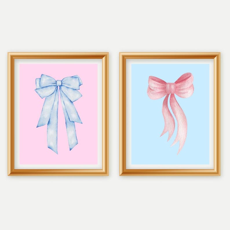 Pink and Blue Bow Digital Prints Set of 2, Trendy Wall Art, Aesthetic ...