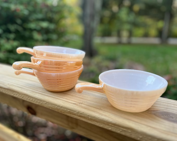 Vintage Fire King Peach Luster Lug Bowls Set of 4 Handled Milk Glass ...