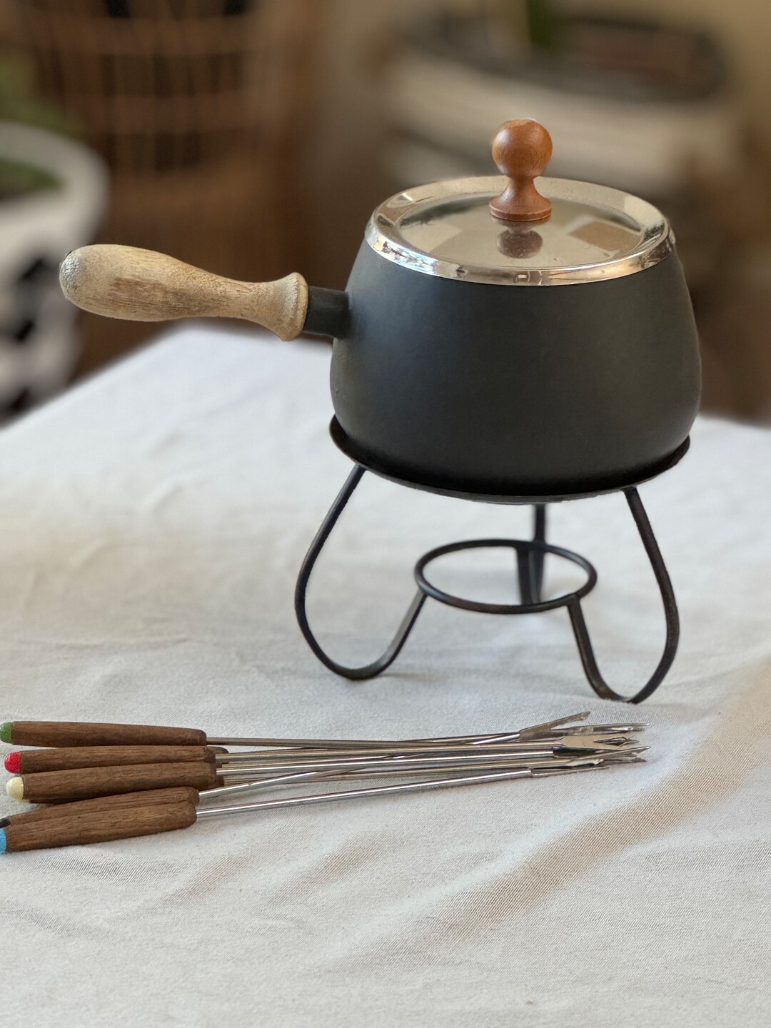 Retro Vintage Matte Black Fondue Pot Complete Set - Etsy