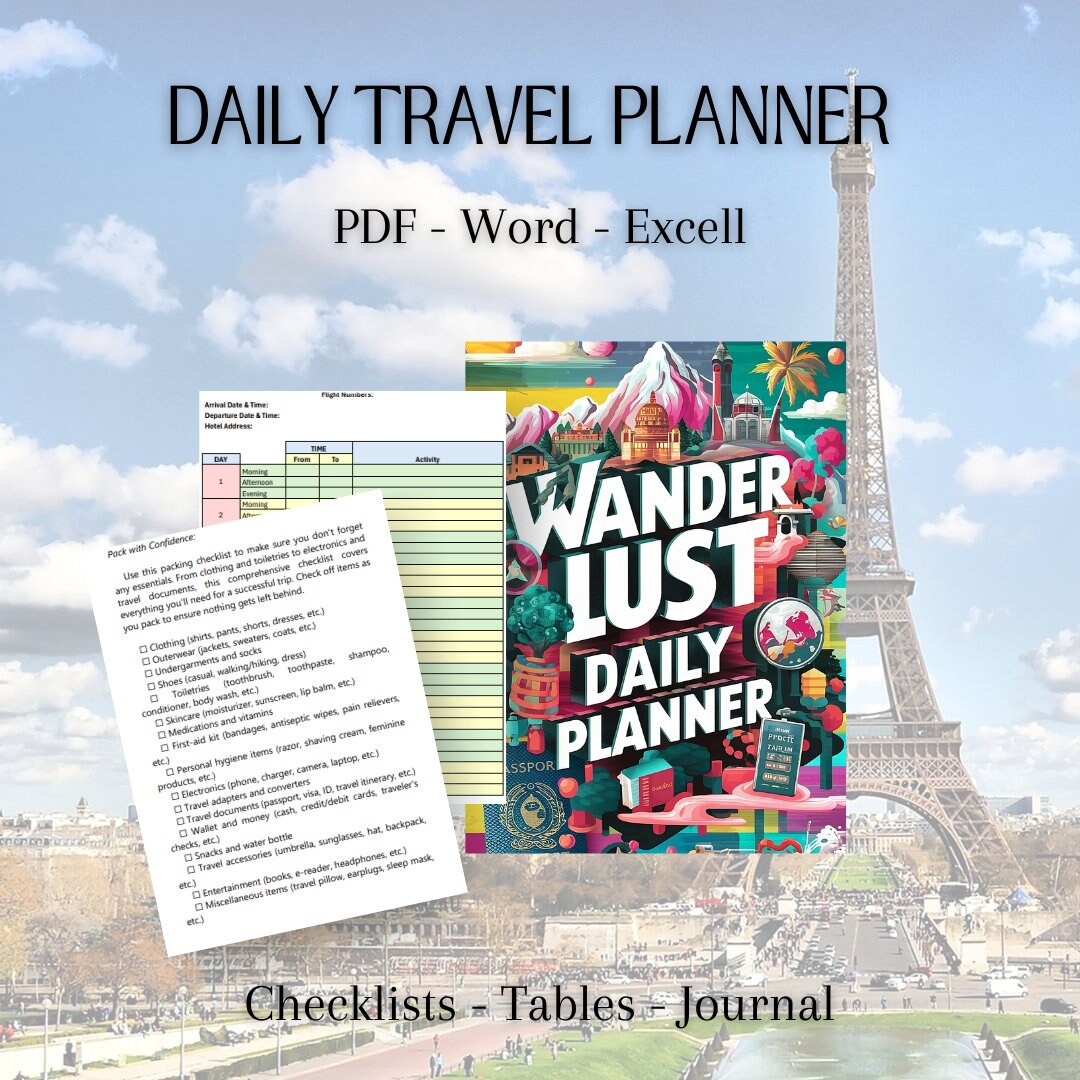 Travel Itinerary Planner Printable Template - Packing List Checklist ...
