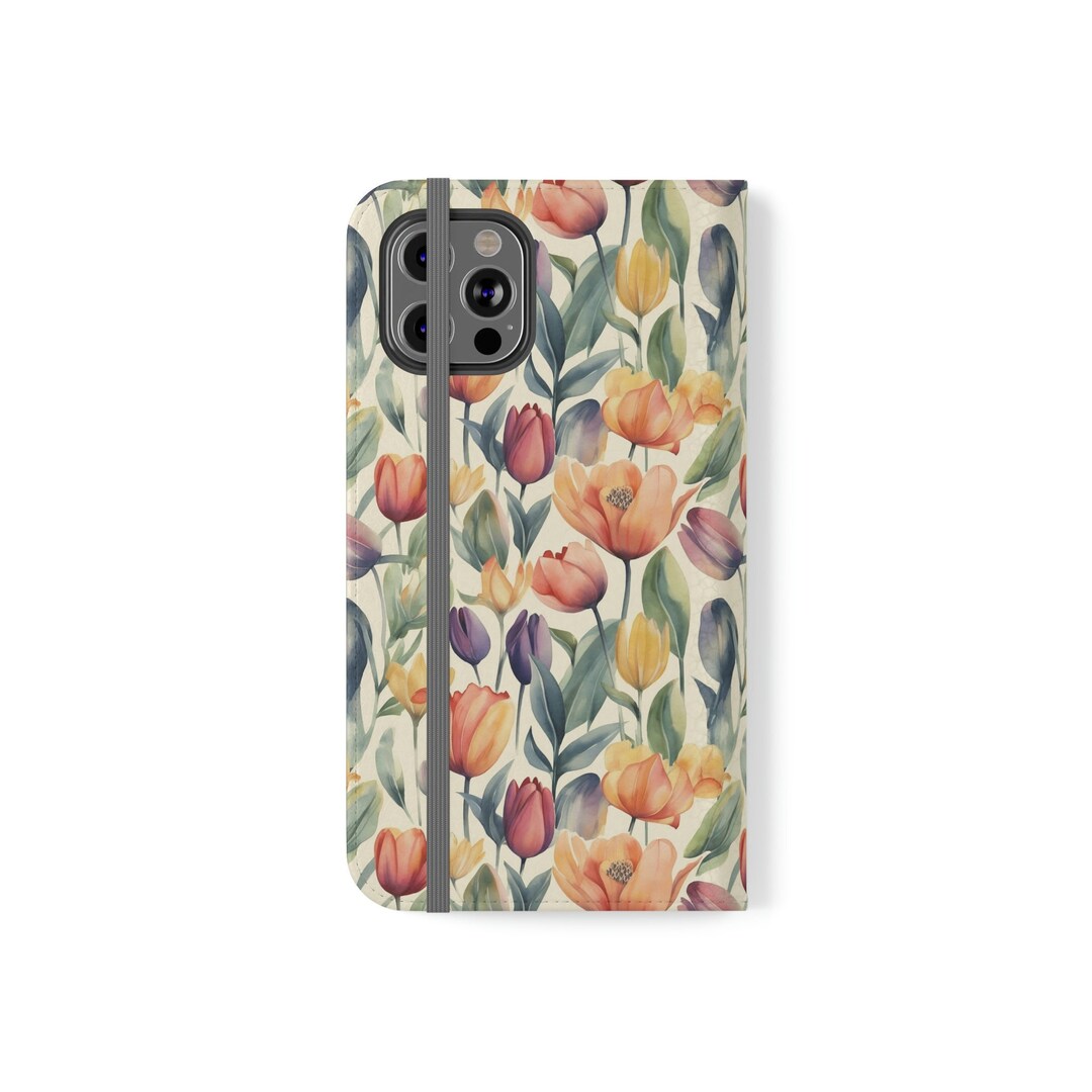 IPhone Folio Flip Case: Tulips Flowers Theme Repeating Floral Pattern ...