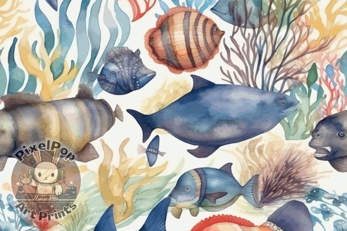 Watercolor Sea Life Backgrounds: Tileable Ocean Theme Tiles Bundle ...