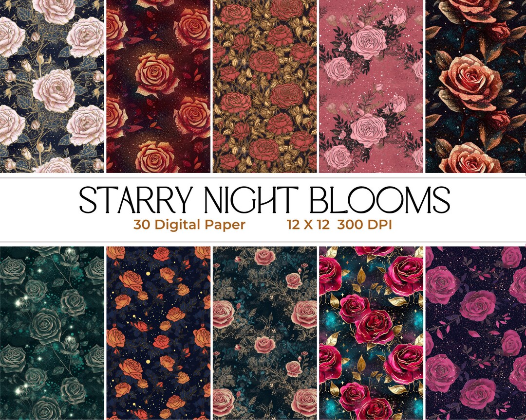 Starry Night Blooms: Rose Pattern Digital Paper – 30 Seamless Patterns ...
