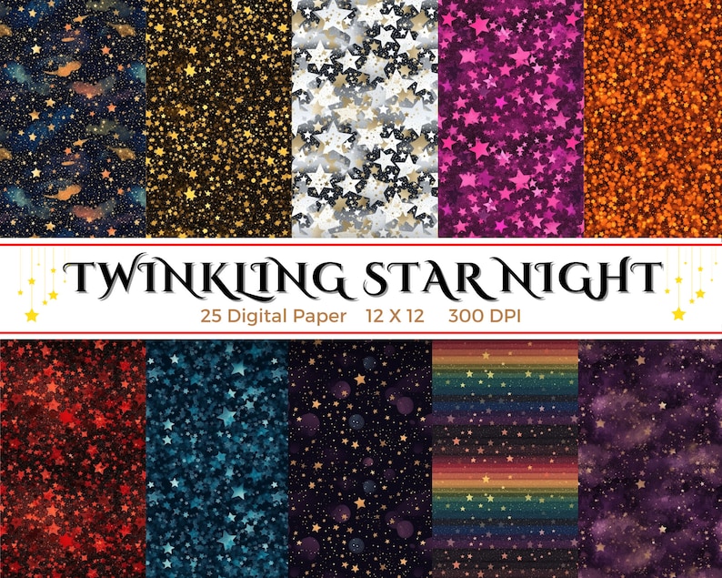 Twinkling Star Night Digital Paper – 25 Seamless Patterns, Scrapbook ...