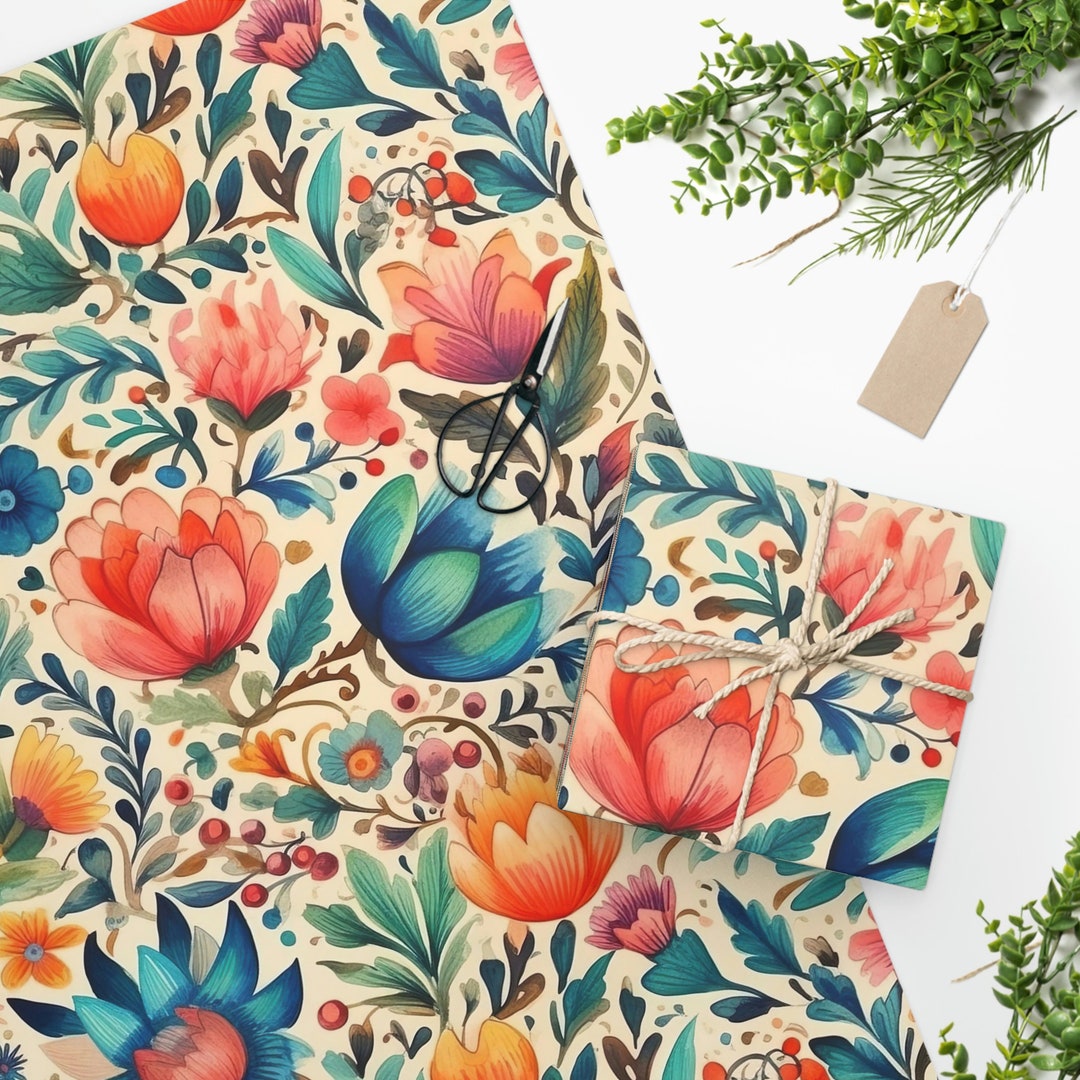 Watercolor Floral Print Wrapping Paper - Beautiful Vivid Colors, Gift ...