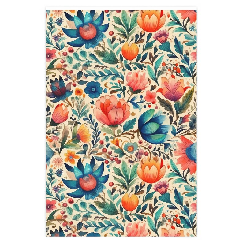 Watercolor Floral Print Wrapping Paper - Beautiful Vivid Colors, Gift ...