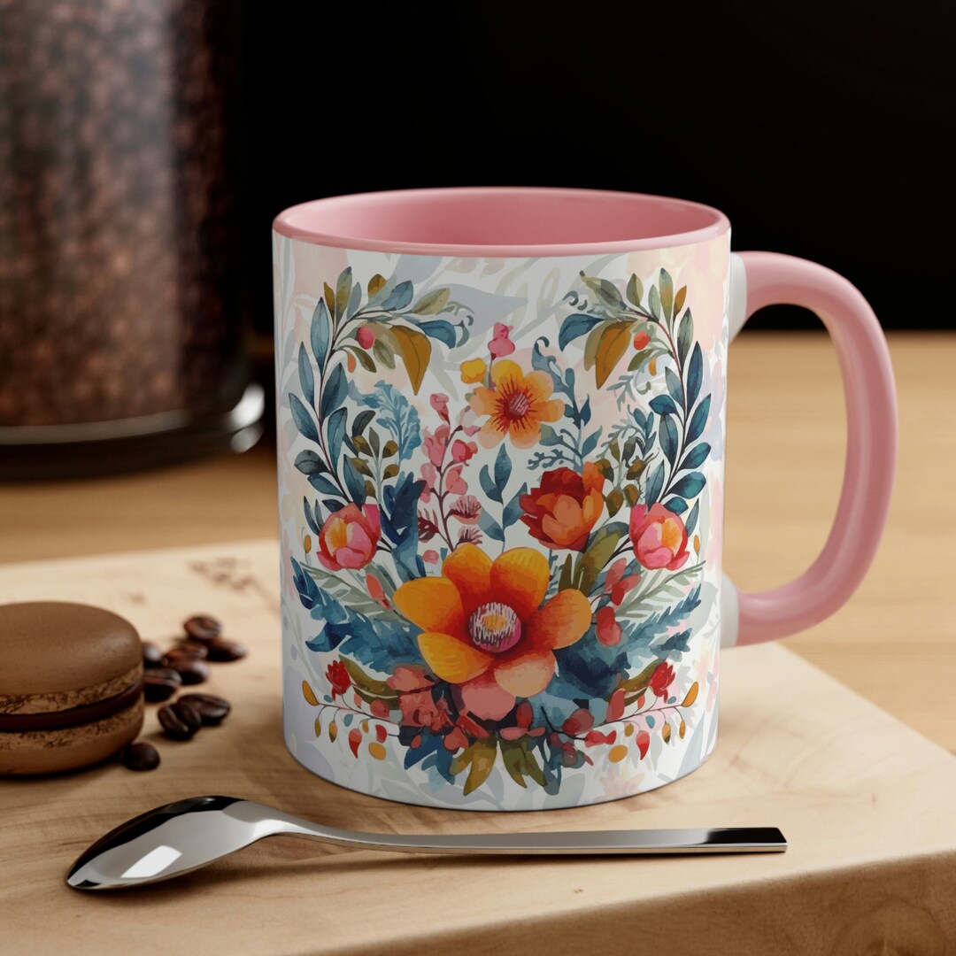 Vibrant Watercolor Flowers Accent Coffee Mug, 11 Oz - Floral Nature Mug ...