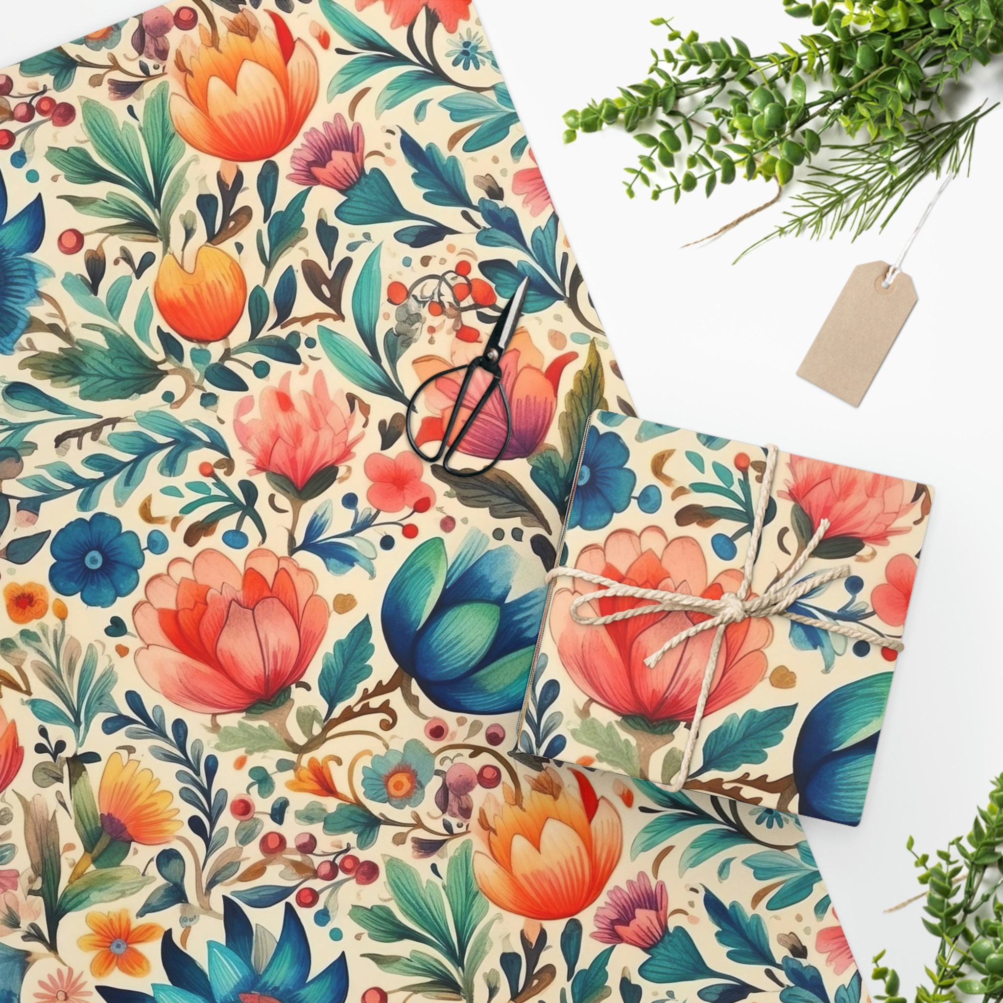 Watercolor Floral Print Wrapping Paper - Beautiful Vivid Colors, Gift ...