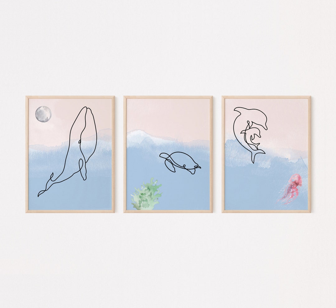 Ocean Life, Line Art, Watercolor Art, Digital Download, Set of 3 ...