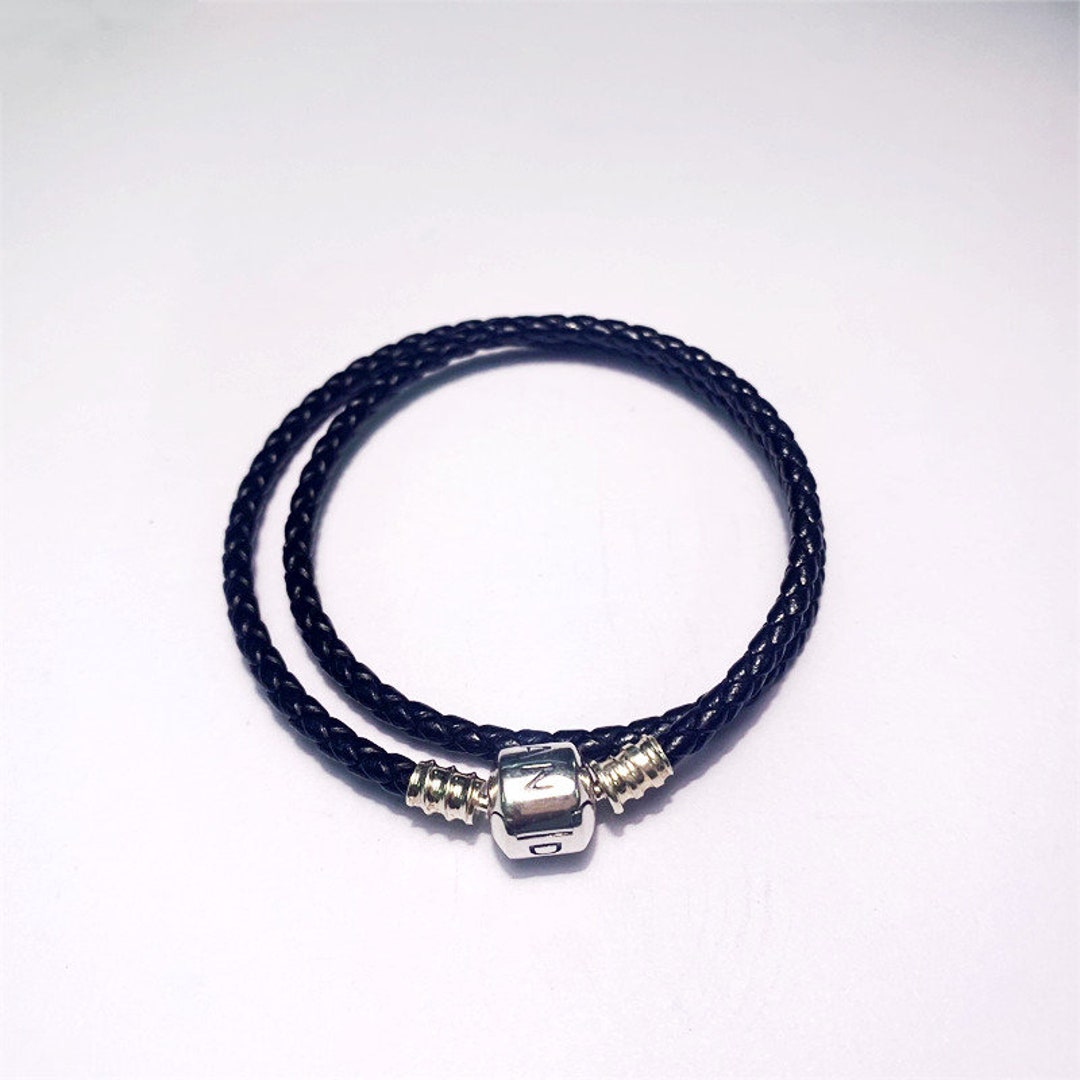 925 Sterling Silver Pandora Bracelet Double Braided Leather Black - Etsy UK