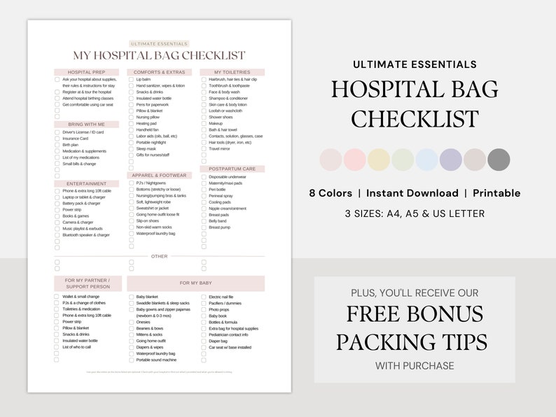 Hospital Bag Checklist Printable Birth Bag Checklist - Etsy