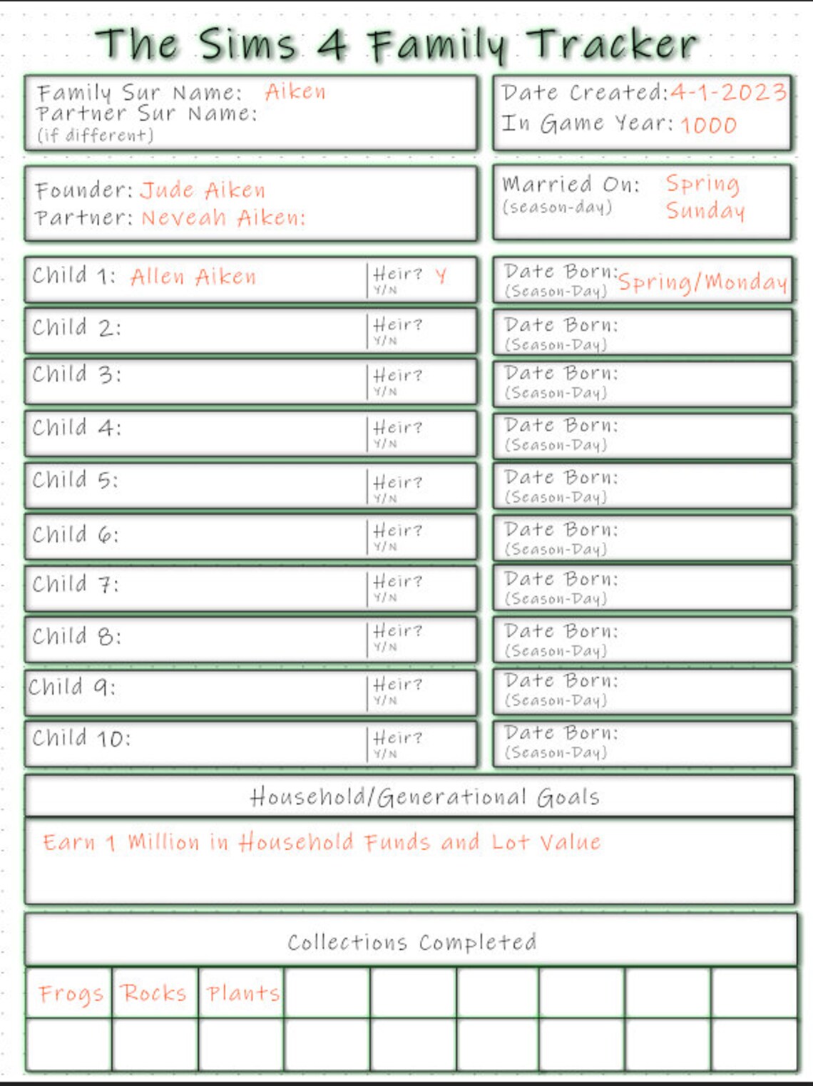 The Sims 4 Sim Bio and Household Tracker - Etsy