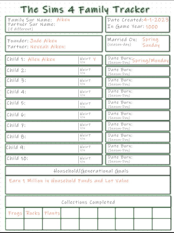 The Sims 4 Sim Bio and Household Tracker - Etsy